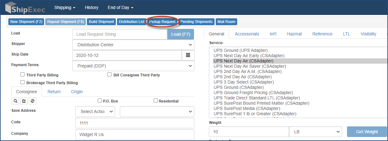 Creating a Pickup Request