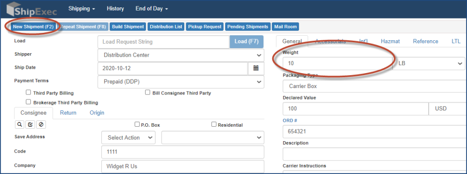 Creating New Shipment with Standard Template using Rate Quote Mode