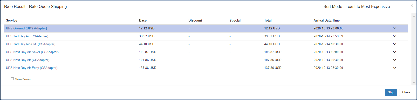 Creating New Shipment with Standard Template using Rate Quote Mode