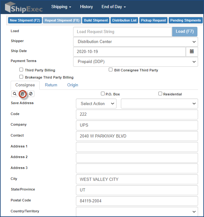 Validating Address from Main Shipping Page
